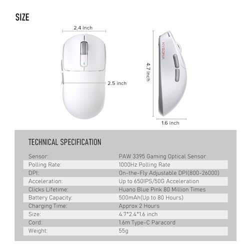KYSONA Wireless Gaming Mouse Ultralight 55g, 3395 Lag-Free Sensor, 26K DPI, HUANO Switches, 80Hrs Long Battery Life, 6 Programmable Button for PC, 3 Modes (2.4G/Wired/BT), Win with M600, White