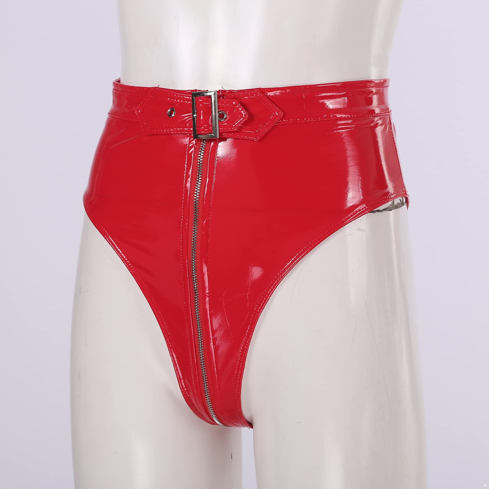 Huimingda Women's Shiny Latex Booty Shorts High Waisted Zipper Crotch Cheeky Hot Pants Sexy Brief Bottoms Red Small