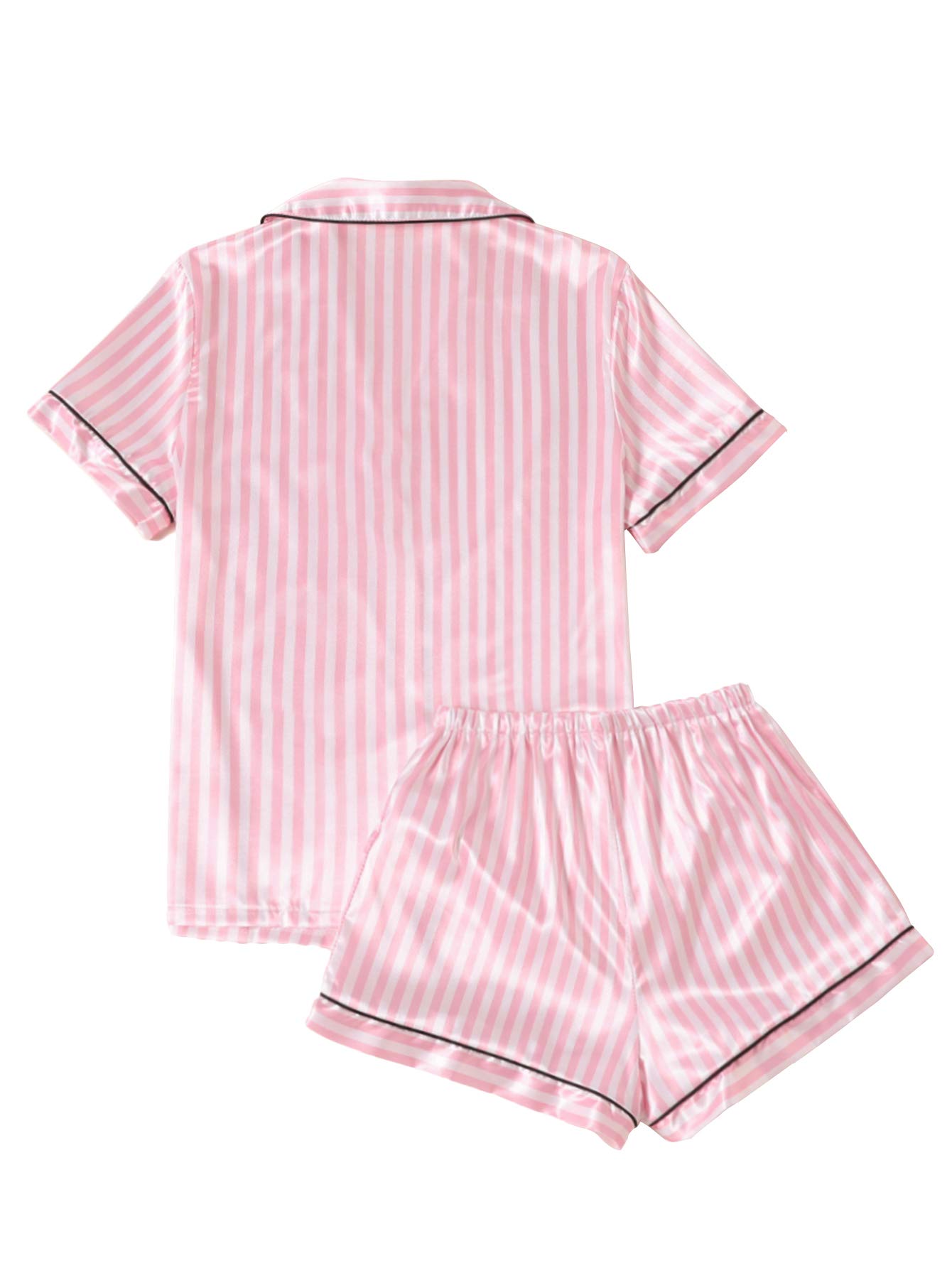 LYANER Women's Striped Silky Satin Pajamas Short Sleeve Top with Shorts Sleepwear PJ Set Pink Medium