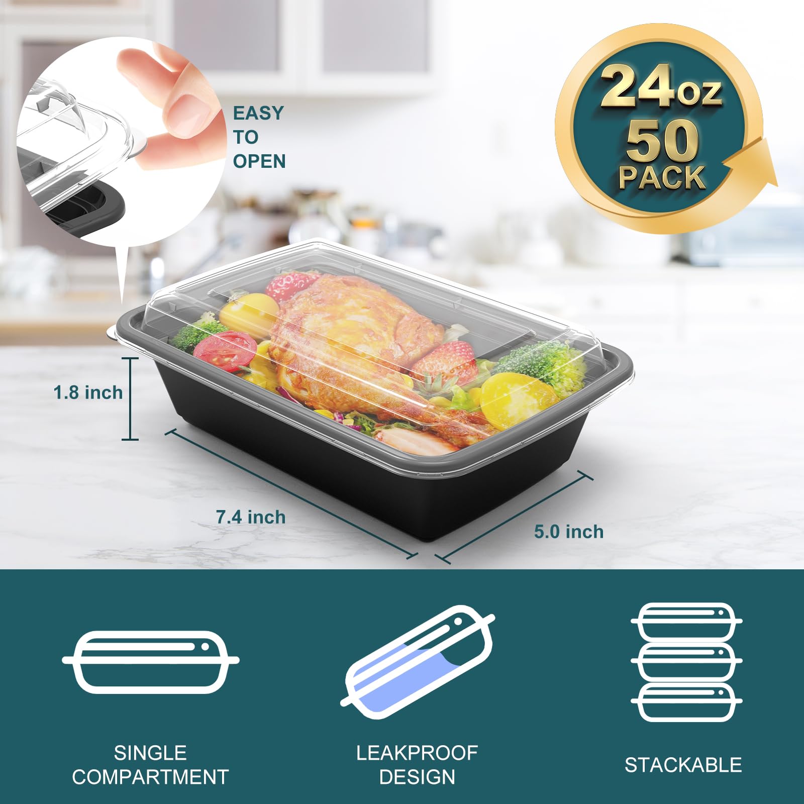WGCC Meal Prep Containers, 50 Pack Extra-thick Food Storage Containers with Lids, Disposable Bento Box Reusable Plastic Bento Lunch Box, BPA Free, Stackable, Microwave/Dishwasher/Freezer Safe (24 oz)