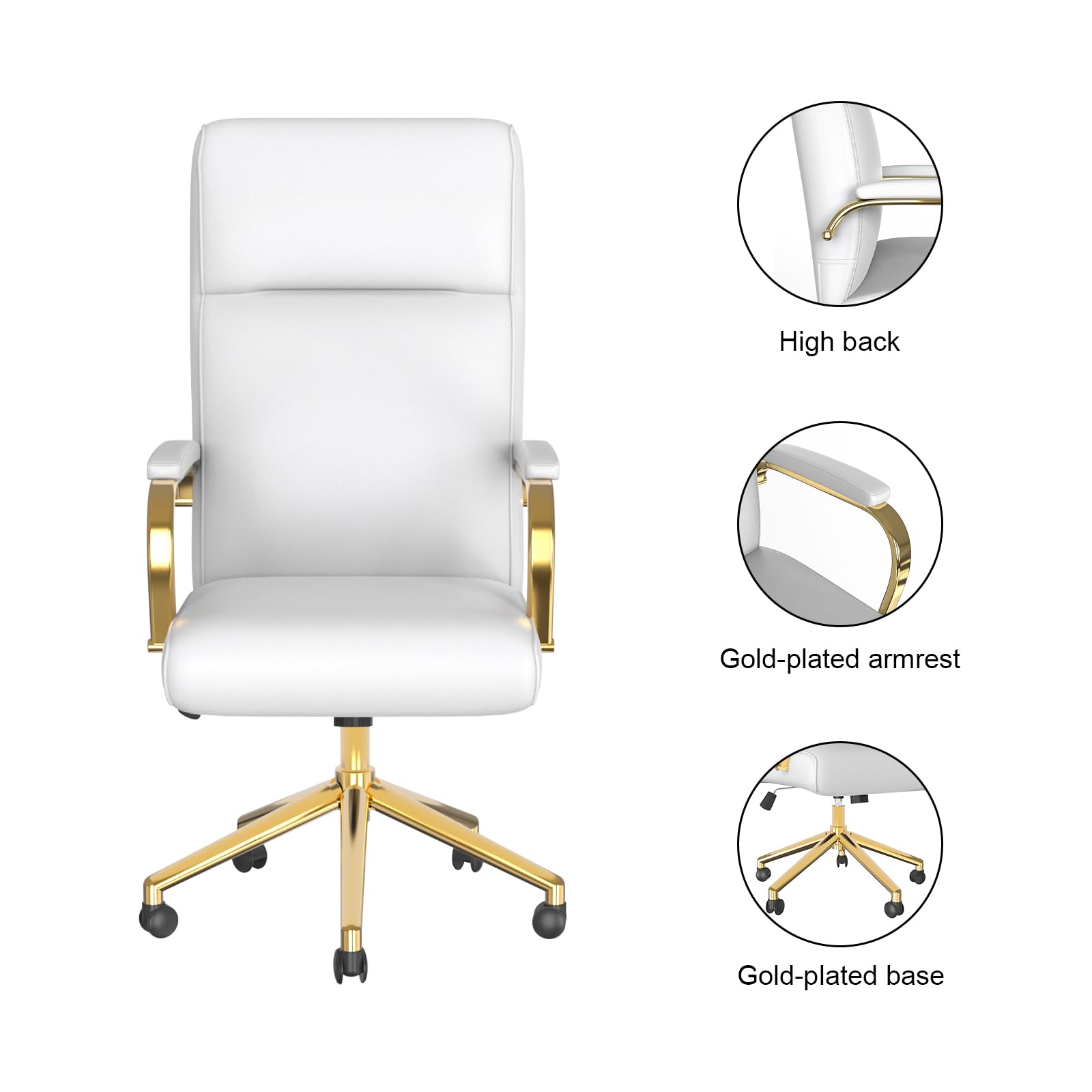MUZII White Office Chair with Arms, High Back Executive Office Chair Big and Tall, PU Leather Office Desk Chair with Back Support, 360° Swivel Computer Desk Chair for Conference Room