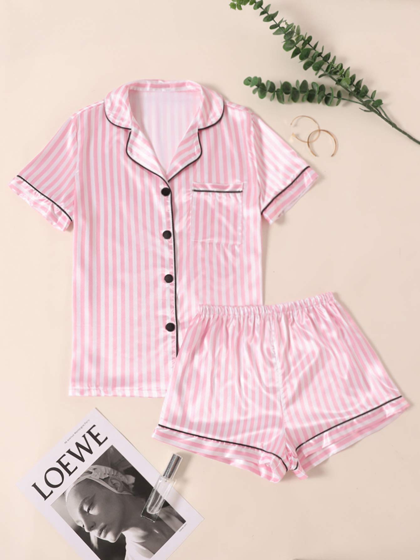 LYANER Women's Striped Silky Satin Pajamas Short Sleeve Top with Shorts Sleepwear PJ Set Pink Medium