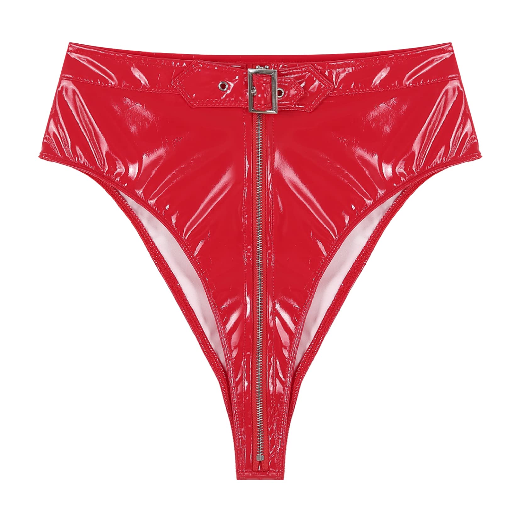 Huimingda Women's Shiny Latex Booty Shorts High Waisted Zipper Crotch Cheeky Hot Pants Sexy Brief Bottoms Red Small