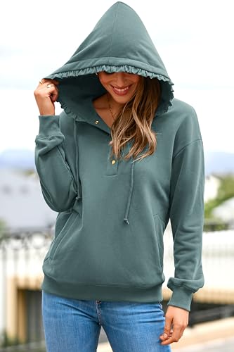 PRETTYGARDEN Ladies Pullover Hoodies Tops Drawstring Long Sleeve Thick Sweashirt Cozy Warm Winter Clothing With Pockets(Solid Grey Green,Medium)