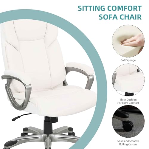 ICOMOCH Modern Soft Leather Ergonomic Executive Computer Office Boss Padding Armrest Swivel Desk Task Chair, Large, Offwhite