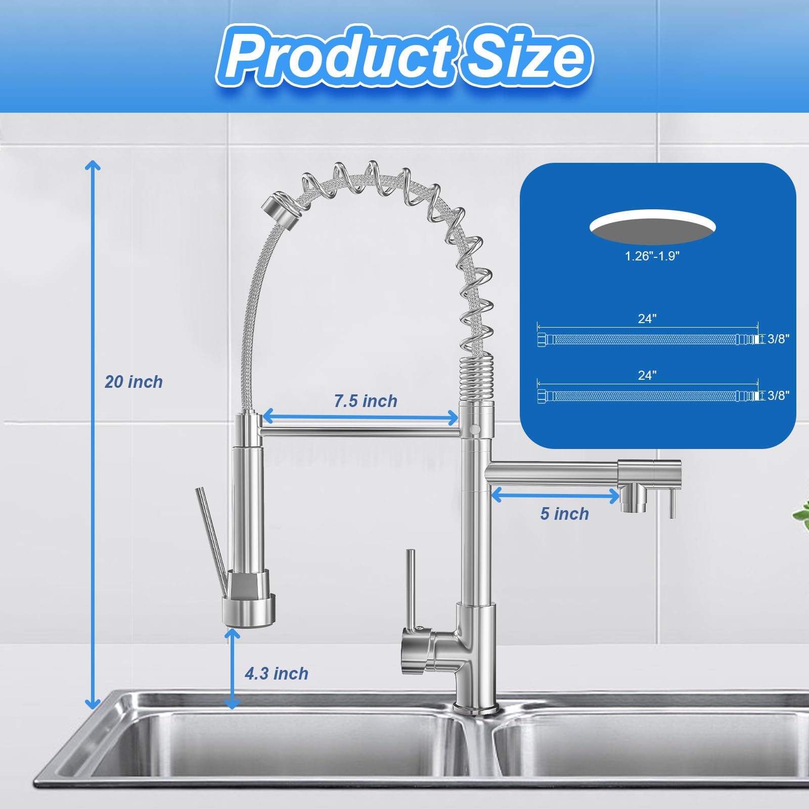 ZSW Kitchen Faucet with Pull Down Sprayer, Commercial Kitchen Sink Faucet with Pot Filler, Single-Handle Chrome Plated Stainless Steel Spring Sink Faucet