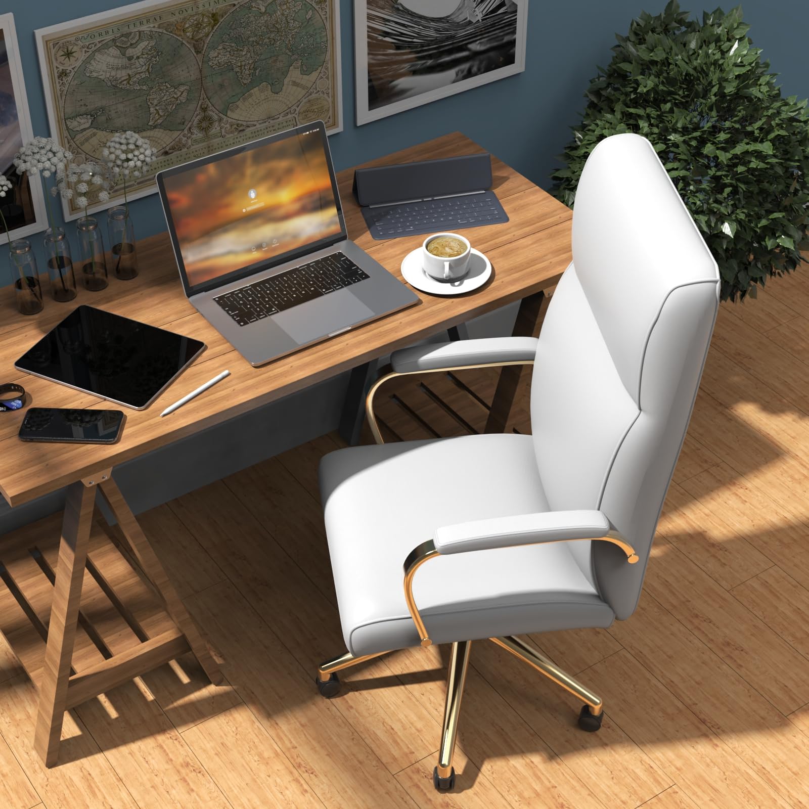 MUZII White Office Chair with Arms, High Back Executive Office Chair Big and Tall, PU Leather Office Desk Chair with Back Support, 360° Swivel Computer Desk Chair for Conference Room