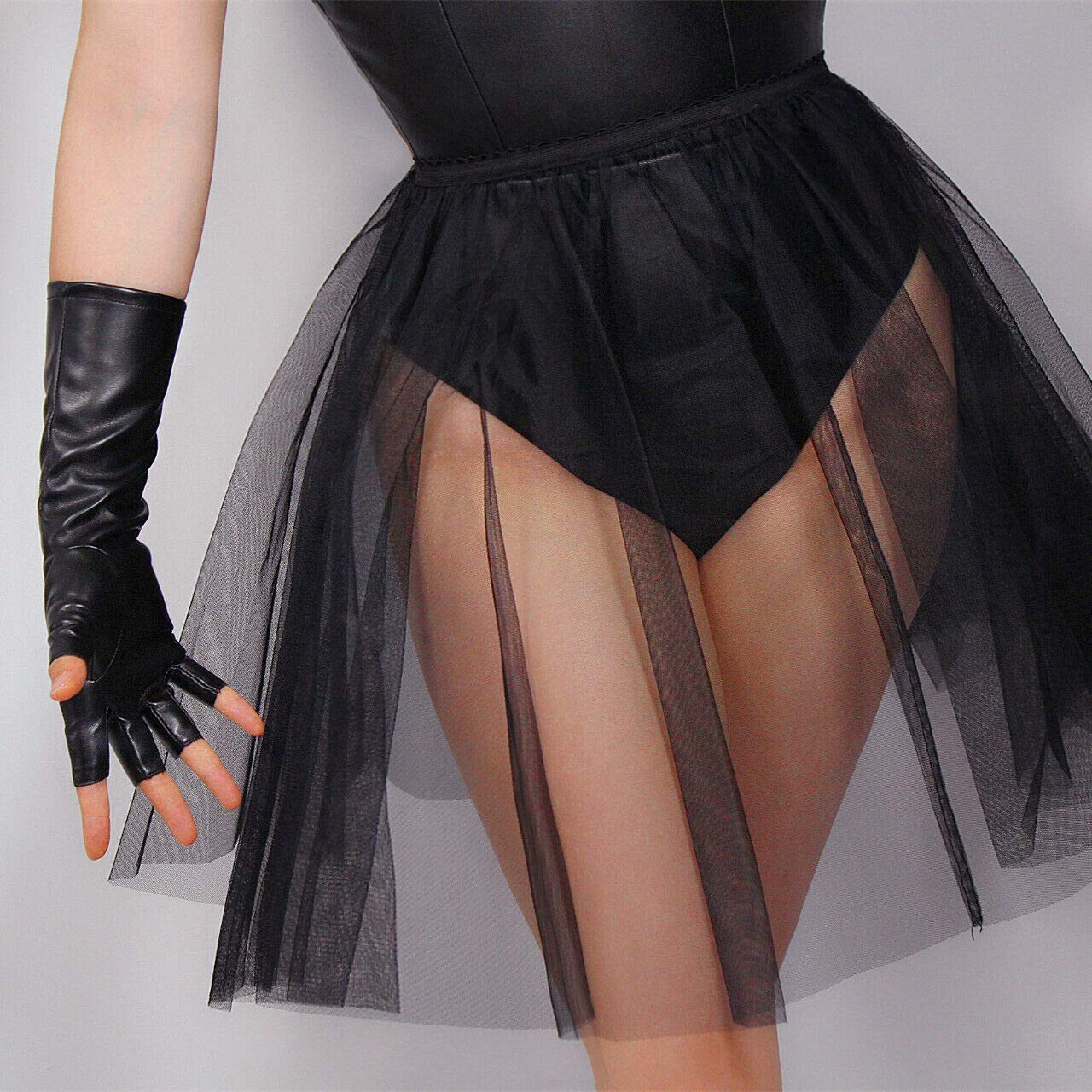 Women Half Finger Latex Long Gloves Faux Patent Leather Shine 28cm Fingerless Cosplay Gloves (Black)