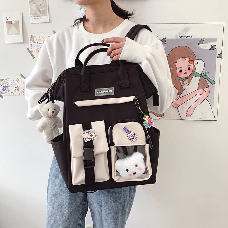AZLNRMU Kawaii harajuku backpack bear pendant pins decoration teenage daypack gift for birthday Christmas (black)