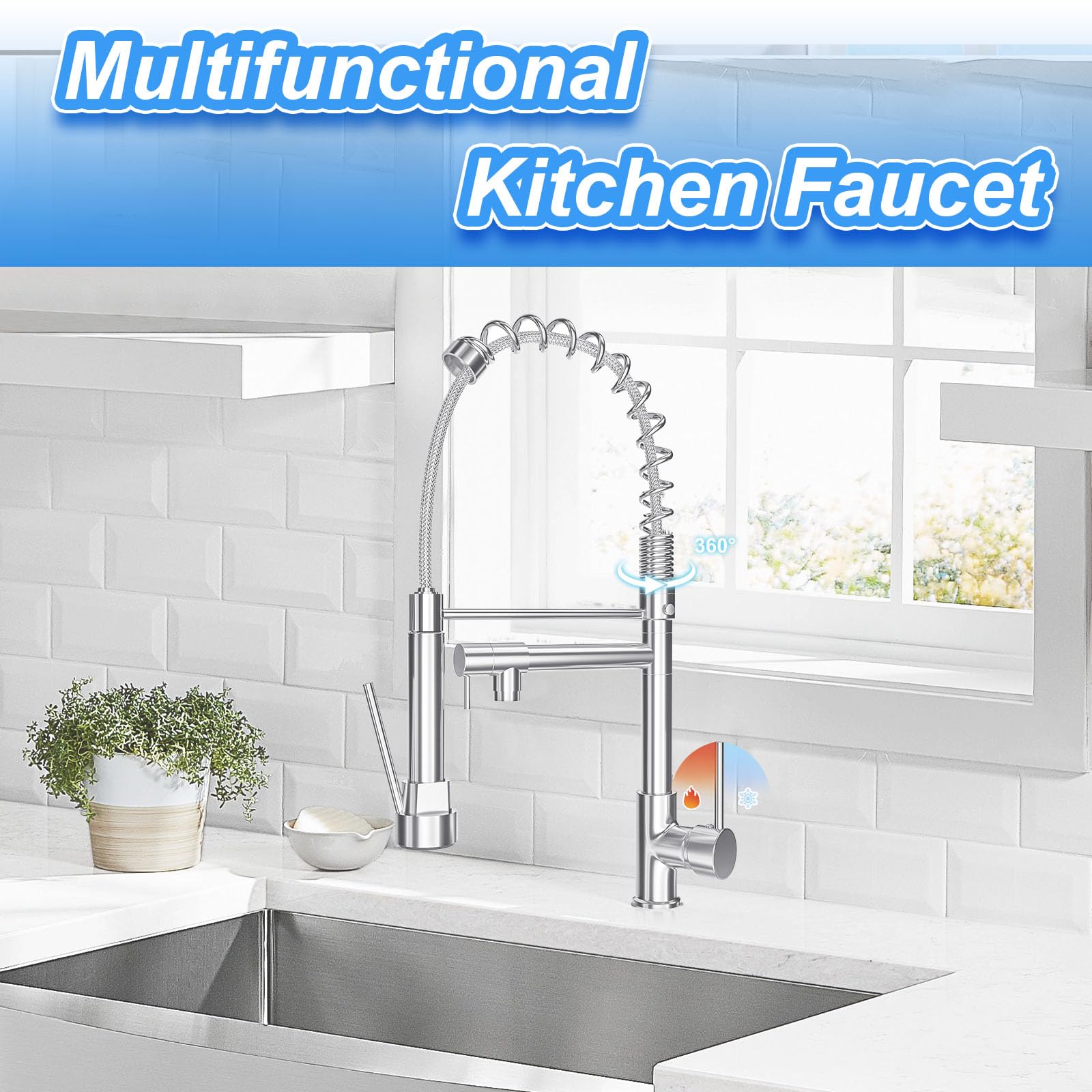 ZSW Kitchen Faucet with Pull Down Sprayer, Commercial Kitchen Sink Faucet with Pot Filler, Single-Handle Chrome Plated Stainless Steel Spring Sink Faucet