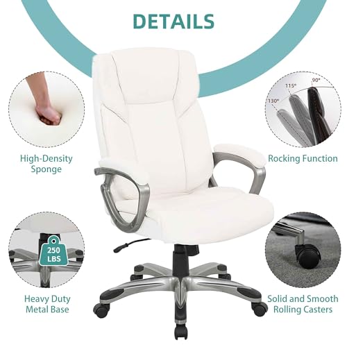 ICOMOCH Modern Soft Leather Ergonomic Executive Computer Office Boss Padding Armrest Swivel Desk Task Chair, Large, Offwhite
