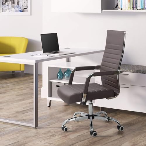 Office Chair,Ergonomic Office Chair Ribbed Office Desk Chair Mid-Back PU Leather Executive Conference Task Chair Adjustable Swivel Chair with Arms Home Office Desk Chair,