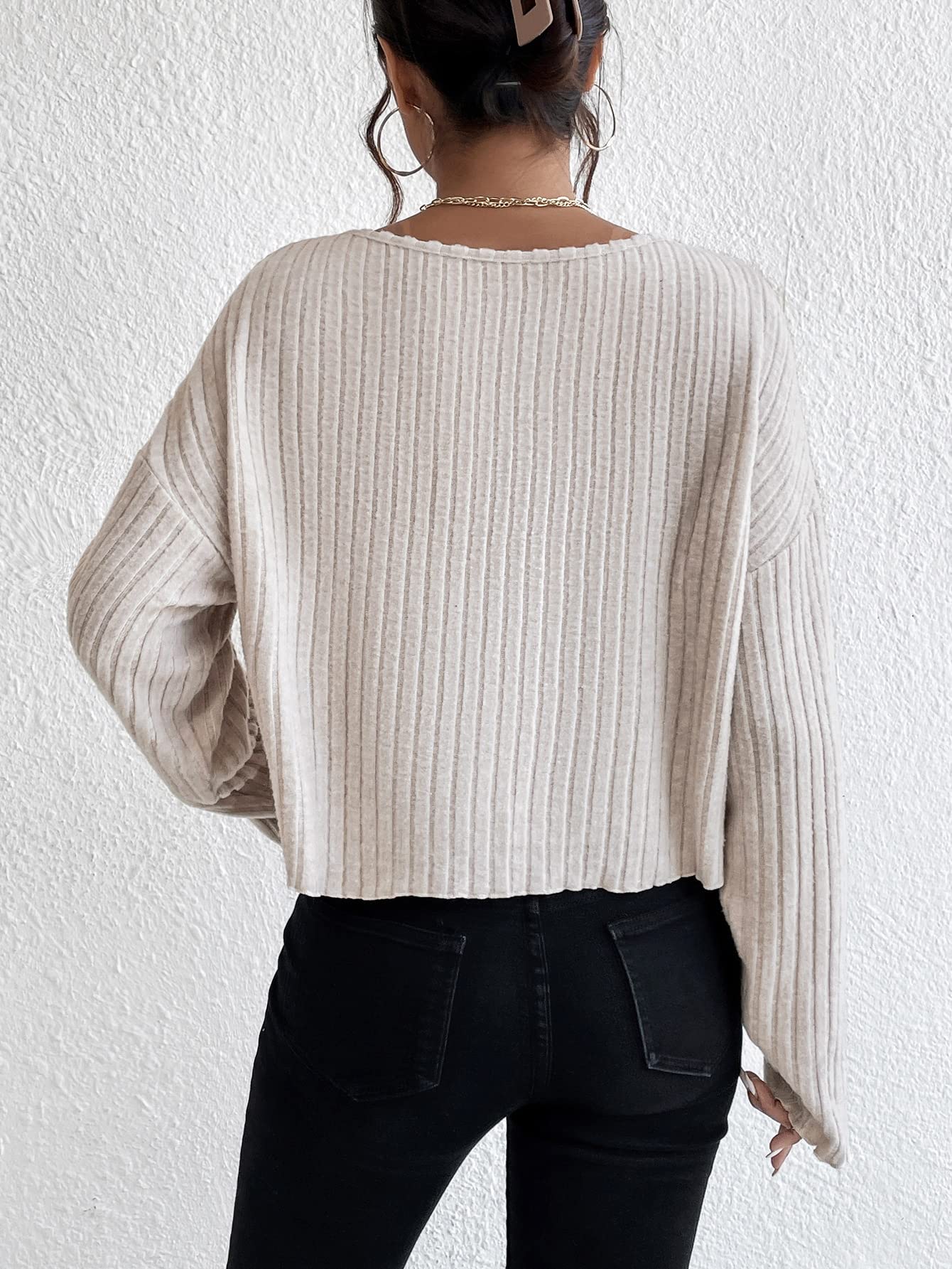 SweatyRocks Women's Long Sleeve Boat Neck Plain Tee Casual Drop Shoulder Rib Knit T Shirt Crop Top Apricot L