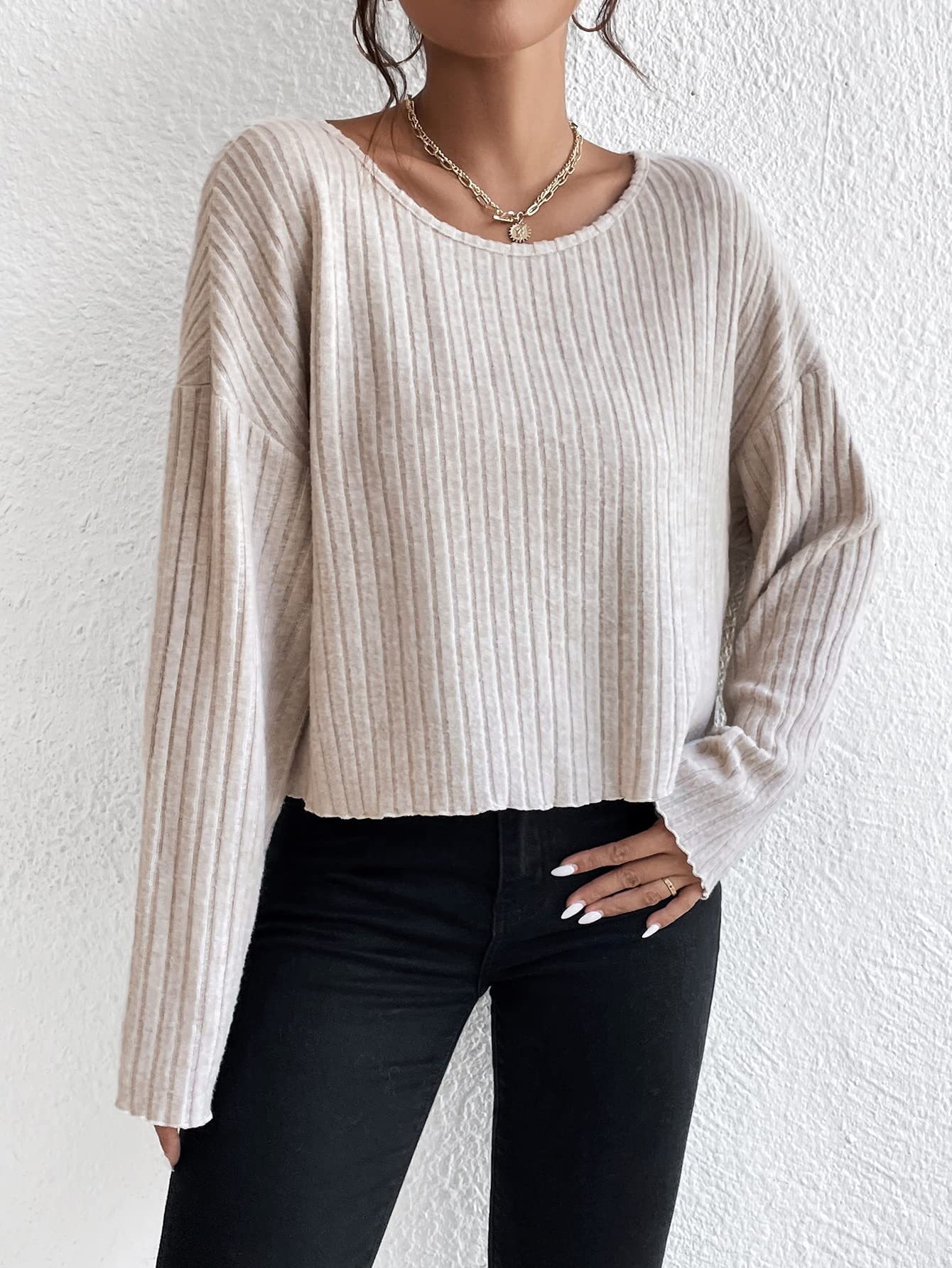 SweatyRocks Women's Long Sleeve Boat Neck Plain Tee Casual Drop Shoulder Rib Knit T Shirt Crop Top Apricot L