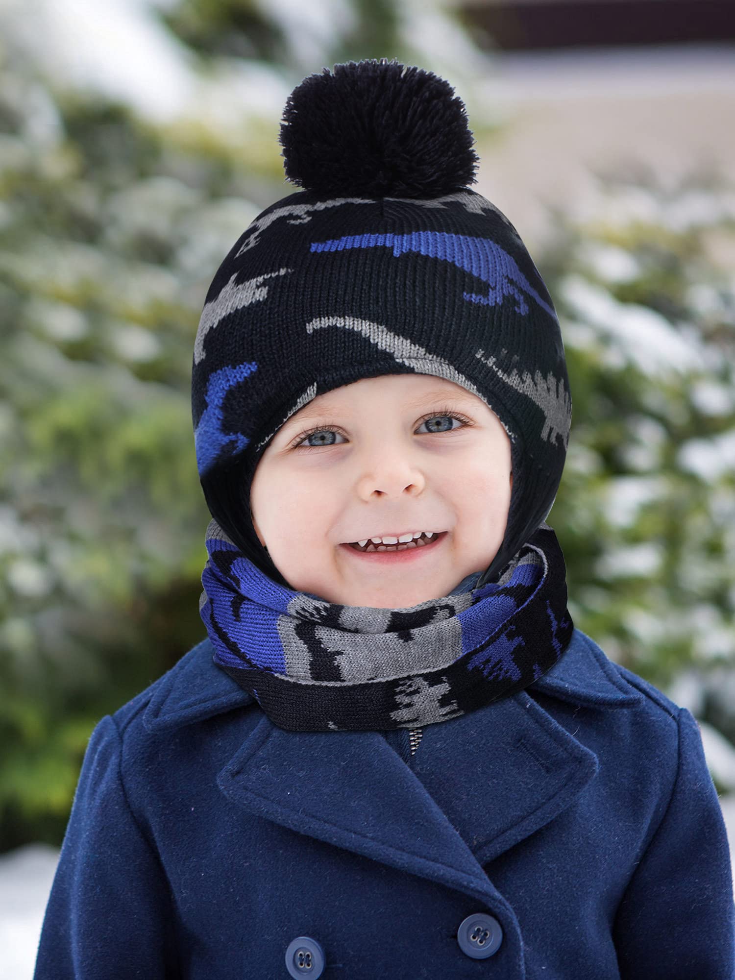 Baby Boy Hat Scarf Mittens Set Winter Warm Hat Knitted Beanie Gloves Toddler Fleece Mittens Earflaps (Navy Blue, Grey, Light Blue, 4-5 Years)