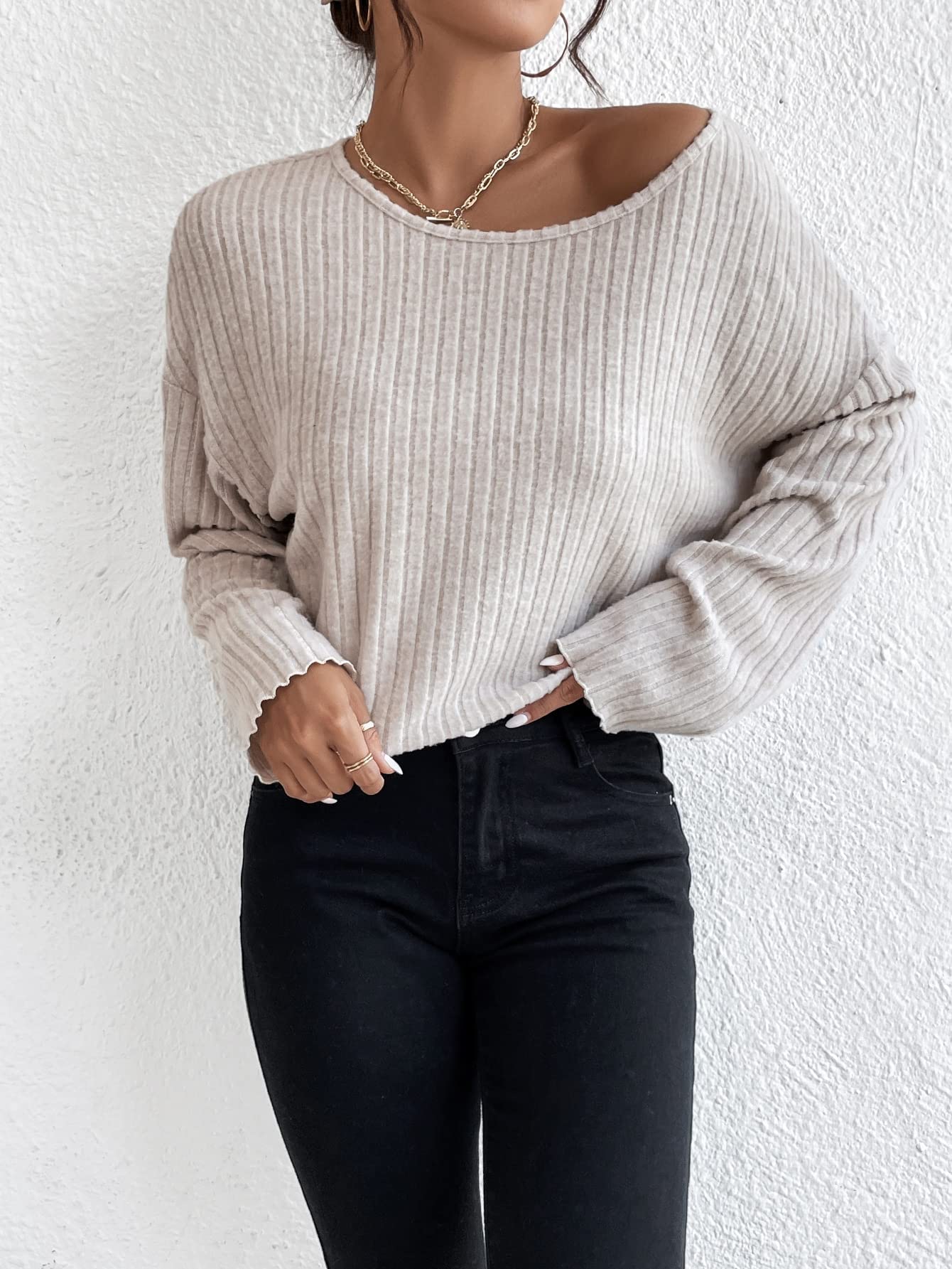 SweatyRocks Women's Long Sleeve Boat Neck Plain Tee Casual Drop Shoulder Rib Knit T Shirt Crop Top Apricot L
