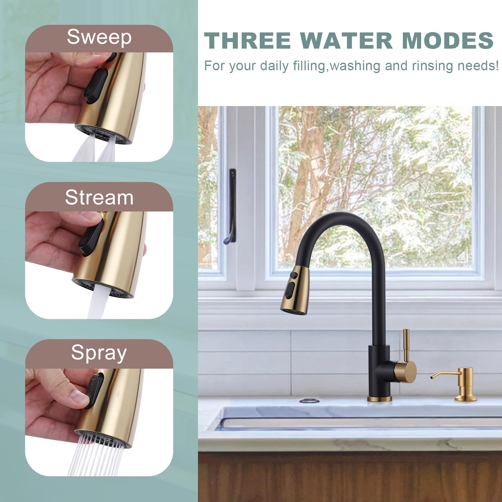 Black and Gold Kitchen Faucet with Soap Dispenser, WOWOW Stainless Steel Kitchen Sink Faucet Single Handle High Arc Utility Sink Faucet for Sink, RV, Laundry, Bar