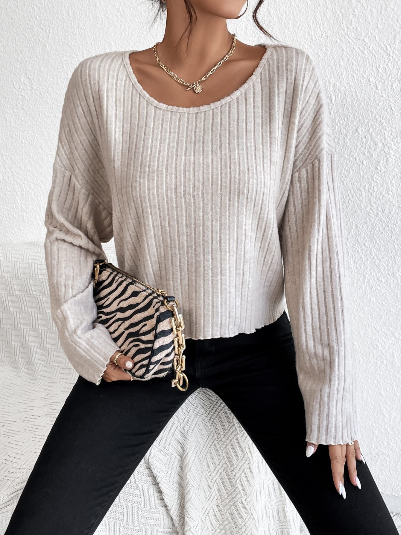 SweatyRocks Women's Long Sleeve Boat Neck Plain Tee Casual Drop Shoulder Rib Knit T Shirt Crop Top Apricot L