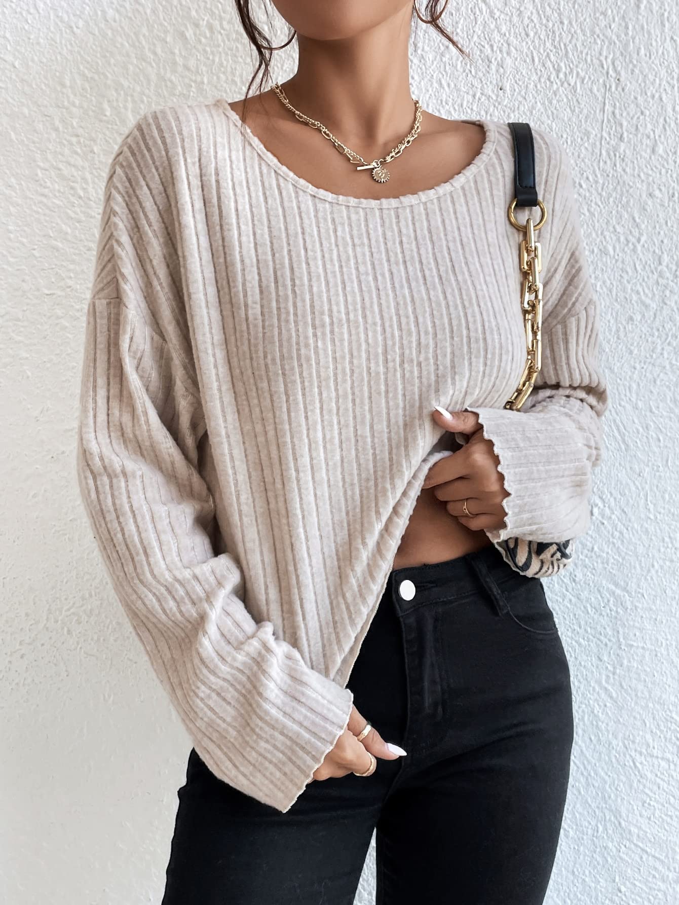 SweatyRocks Women's Long Sleeve Boat Neck Plain Tee Casual Drop Shoulder Rib Knit T Shirt Crop Top Apricot L
