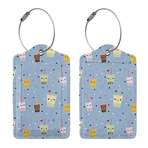 Axrbszi Happy Boba Bubble Tea Print Leather Luggage Tag Name ID Labels with Privacy Cover, for Travel Baggage Bag Suitcase 4 PCS