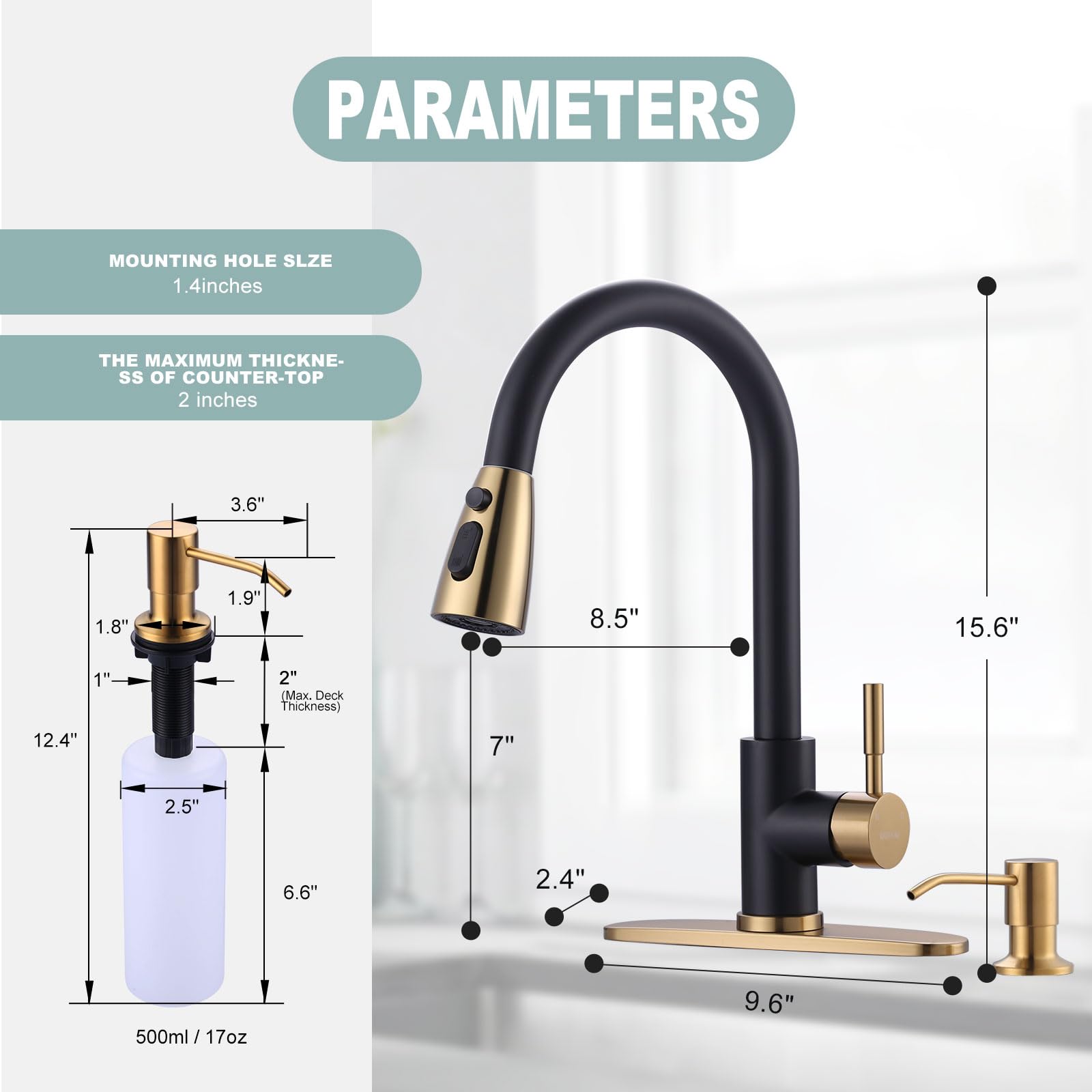 Black and Gold Kitchen Faucet with Soap Dispenser, WOWOW Stainless Steel Kitchen Sink Faucet Single Handle High Arc Utility Sink Faucet for Sink, RV, Laundry, Bar