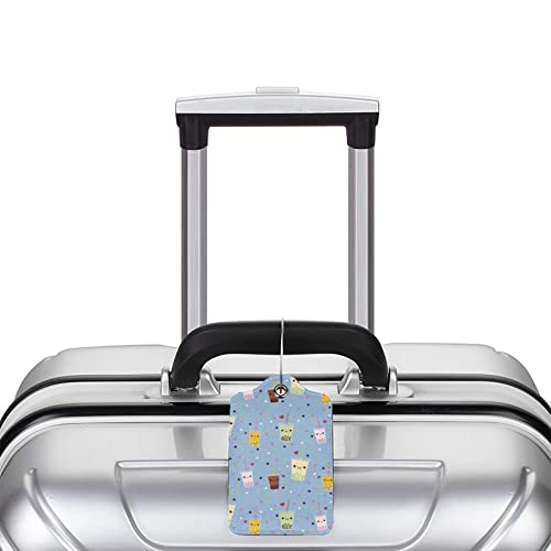 Axrbszi Happy Boba Bubble Tea Print Leather Luggage Tag Name ID Labels with Privacy Cover, for Travel Baggage Bag Suitcase 4 PCS
