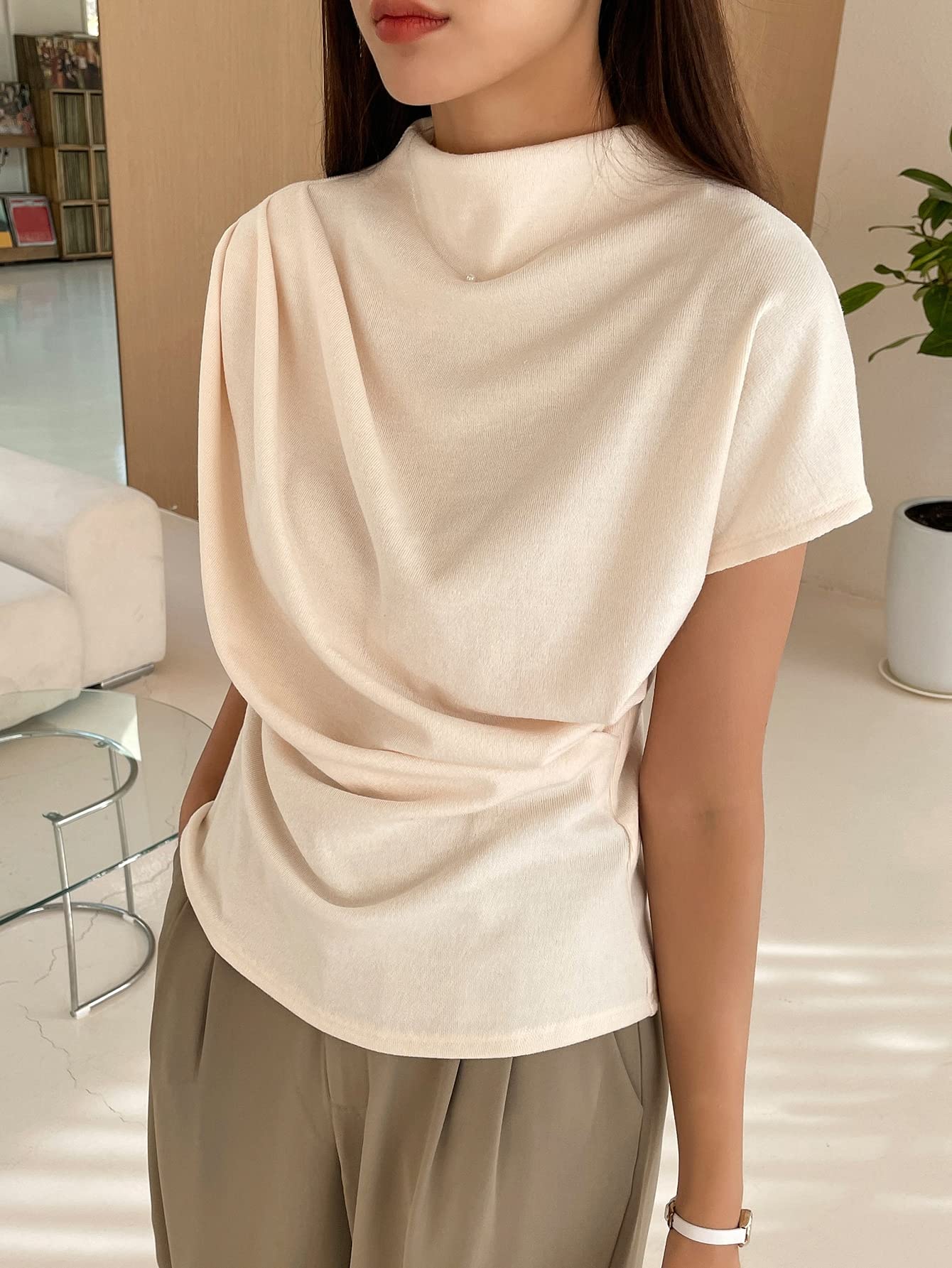 SweatyRocks Women's Casual Short Sleeve Mock Neck Tee Top Asymmetric Ruched Plain T Shirt Beige S