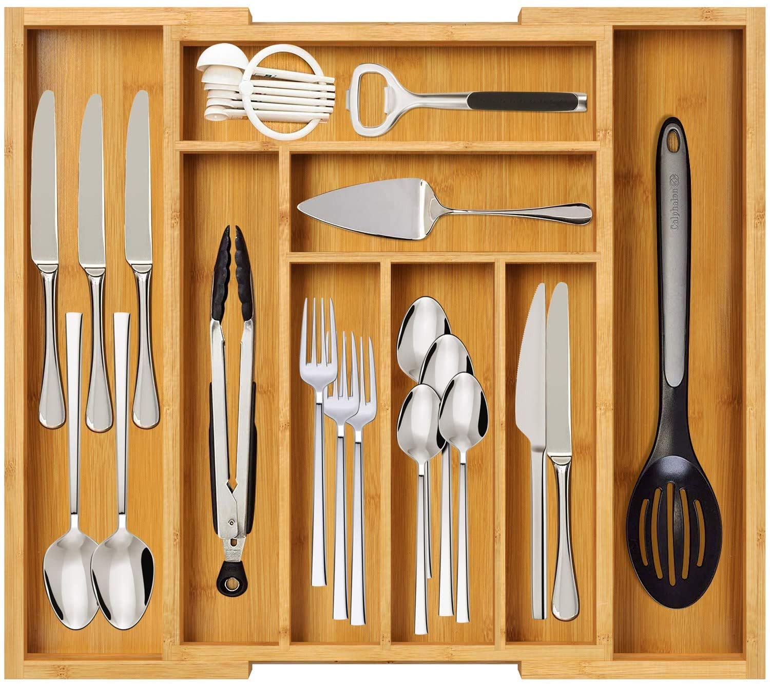 FURNINXS Bamboo Kitchen Drawer Organizer Large Silverware Tray, Expandable Wooden Cutlery Holder for Spoon Fork Flatware Adjustable Utensil Organizer （7-9 Slot）