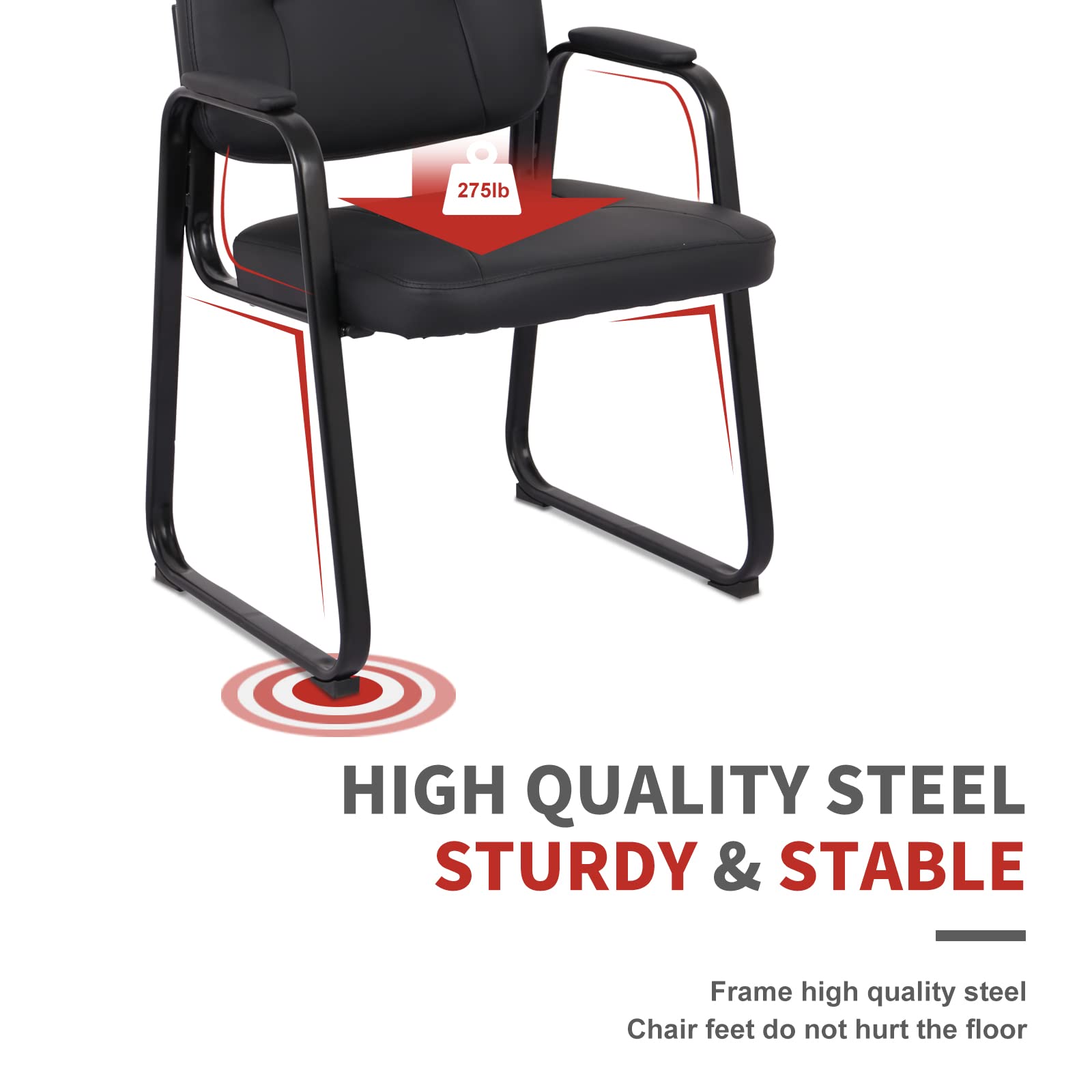 CLATINA Waiting Room Guest Chair Leather Reception Chairs with Bonded Leather Padded Arm Rest Upholstered Fabric Seat Sled Base for Conference Reception Office Home Side Desk Chair Black (2 Pack)