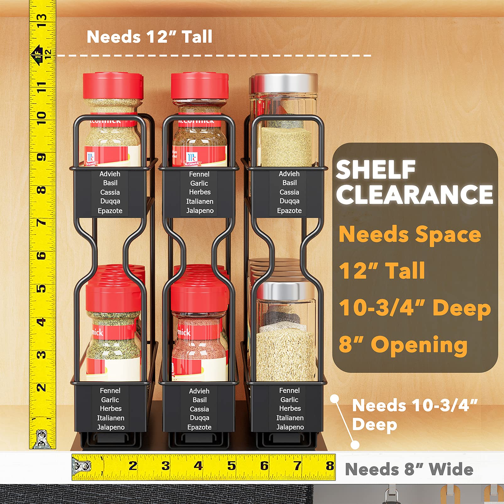 SpaceAid Pull Out Spice Rack Organizer for Cabinet, Heavy Duty Slide Out Seasoning Kitchen Organizer, Cabinet Organizer, with Labels and Chalk Marker, 7.7" W x10.75 D x10 H, 3 Drawers 2-Tier