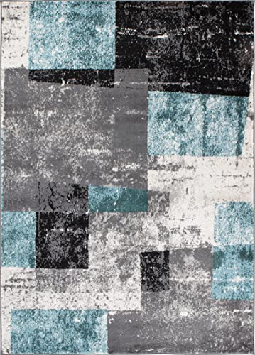 Rugshop Contemporary Abstract Boxes Stain Resistant High Traffic Living Room Kitchen Bedroom Dining Home Office Area Rug 8'x10' Blue