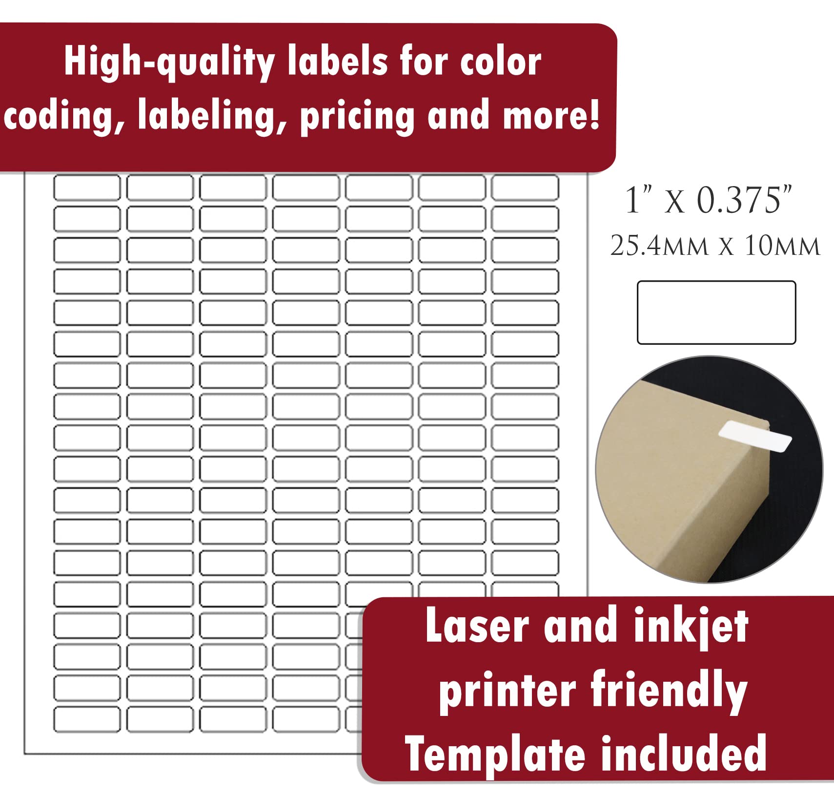 White Printable Labels Sheets + Bonus Color Labels Produce Excellent Results with Standard Laser Printer-Template Included! White Rectangular Stickers (1" x 0.375") - 7850 Pack