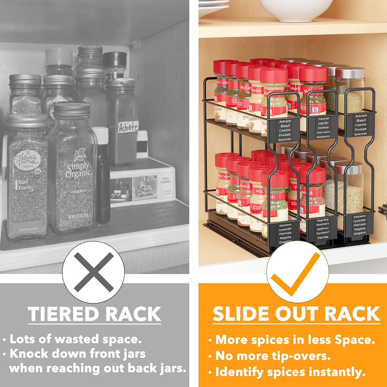 SpaceAid Pull Out Spice Rack Organizer for Cabinet, Heavy Duty Slide Out Seasoning Kitchen Organizer, Cabinet Organizer, with Labels and Chalk Marker, 7.7" W x10.75 D x10 H, 3 Drawers 2-Tier