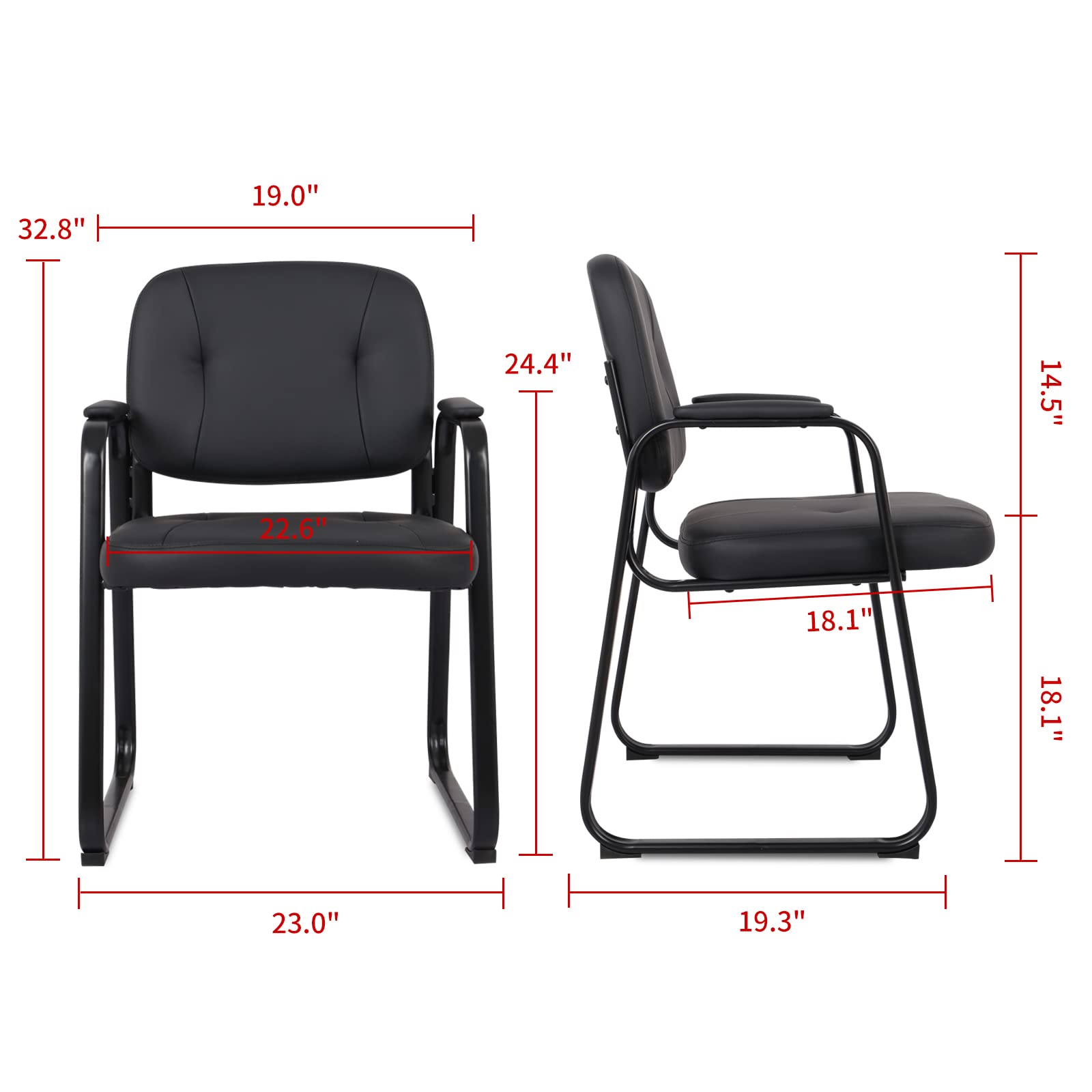 CLATINA Waiting Room Guest Chair Leather Reception Chairs with Bonded Leather Padded Arm Rest Upholstered Fabric Seat Sled Base for Conference Reception Office Home Side Desk Chair Black (2 Pack)