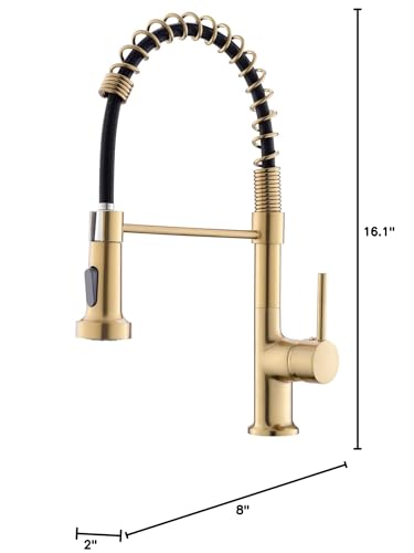 GIMILI Brushed Gold Kitchen Faucet with Pull Down Sprayer Brass Single Handle Spring Kitchen Faucets, RV Farmhouse Utility Bar Laundry Faucet for Kitchen Sink