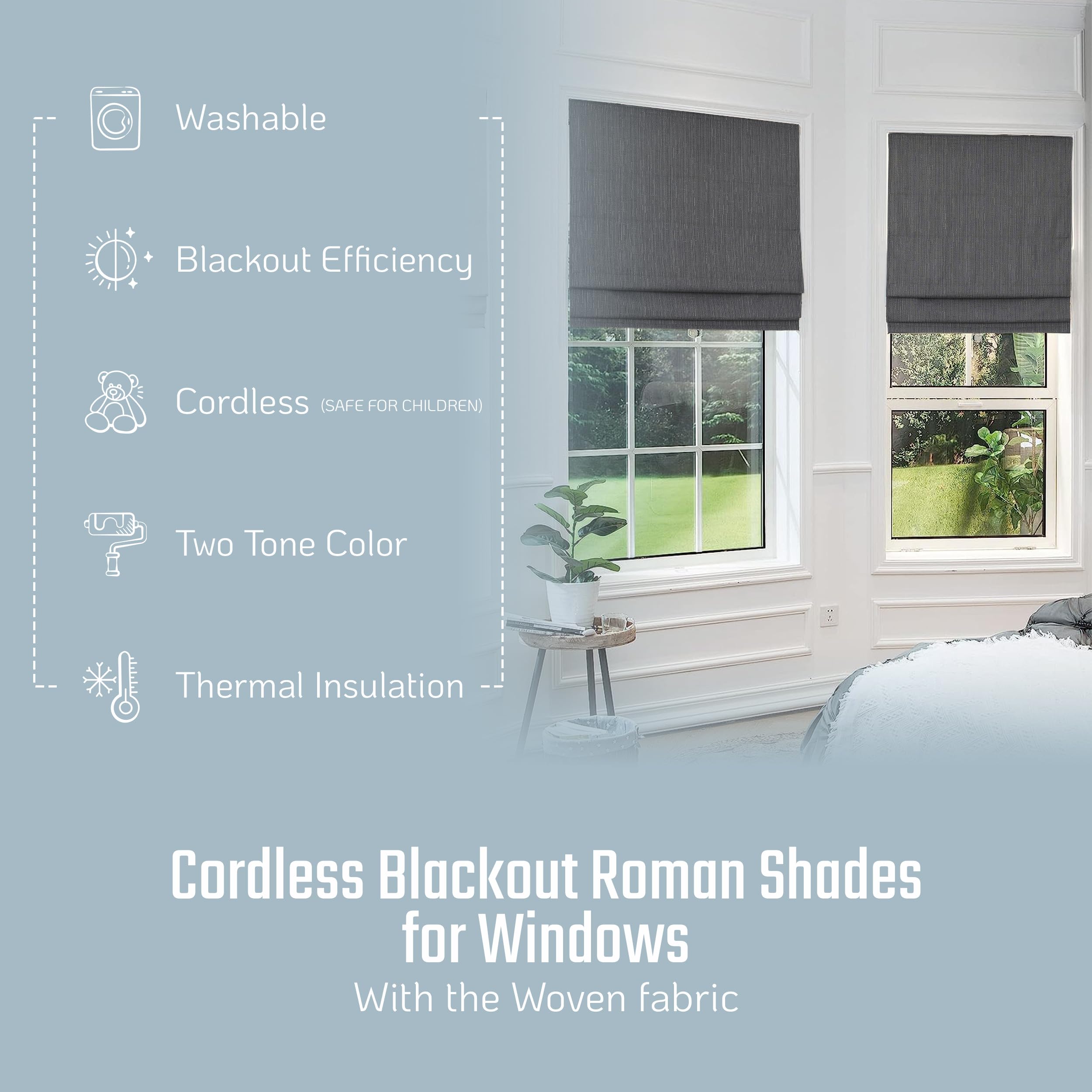 Everyday Celebration 100% Blackout Cordless Roman Shades - Thermal Insulated Window Blinds for Indoor Use, Pepper, 34โ W x 64โ H