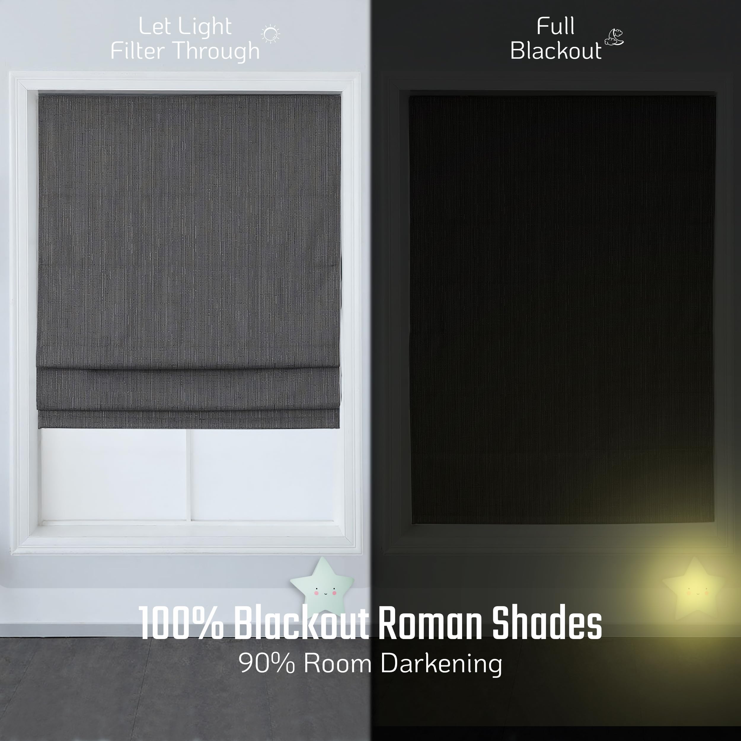 Everyday Celebration 100% Blackout Cordless Roman Shades - Thermal Insulated Window Blinds for Indoor Use, Pepper, 34โ W x 64โ H