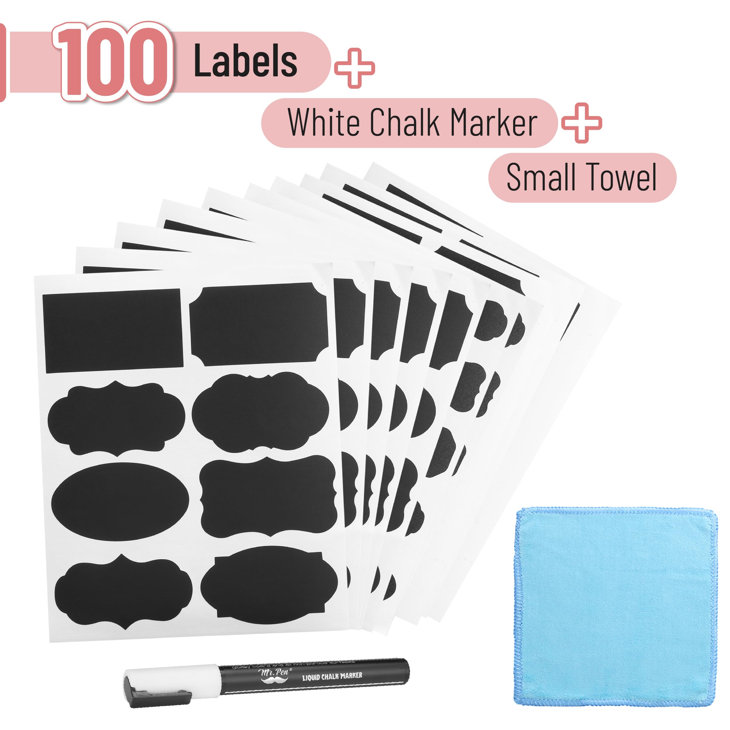 Mr. Pen- Chalkboard Labels, 100pc, Assorted Shapes, 1 White Chalk Marker and Small Towel, Labels, Label Stickers, Labels for Storage Bins, Sticker Labels, Bottle Labels, Food Labels, Jar Labels