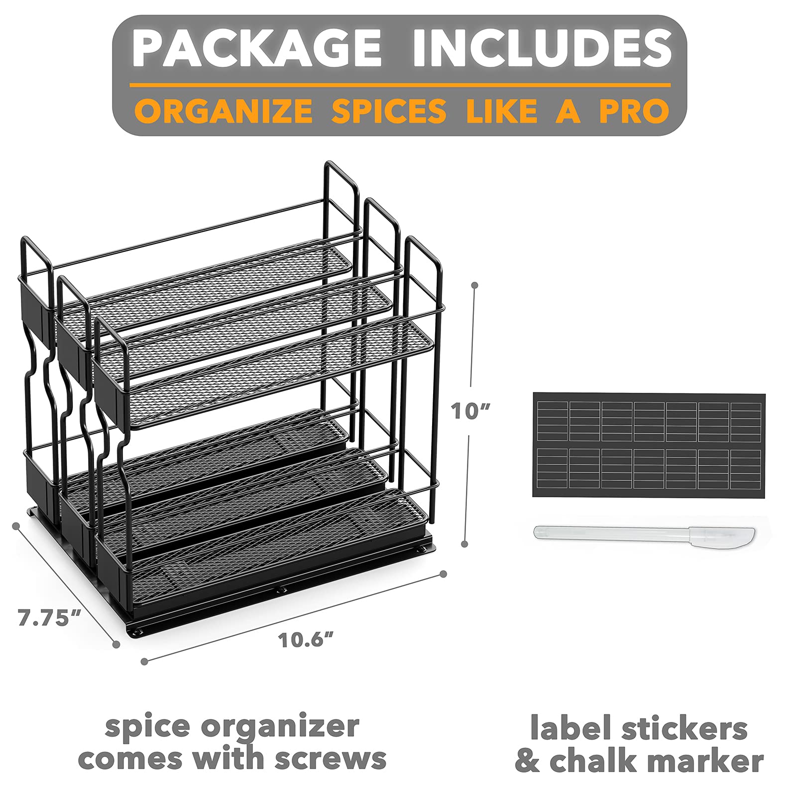 SpaceAid Pull Out Spice Rack Organizer for Cabinet, Heavy Duty Slide Out Seasoning Kitchen Organizer, Cabinet Organizer, with Labels and Chalk Marker, 7.7" W x10.75 D x10 H, 3 Drawers 2-Tier