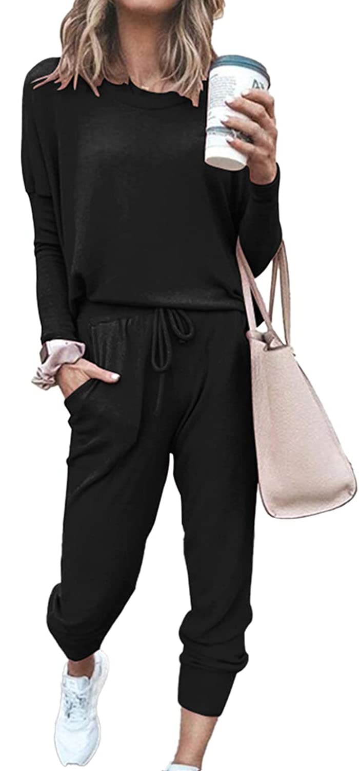 Kebaner 2 Piece Outfits Lounge Jogging Suits for Women Sweatsuit Tracksuit Long Sweatpants Set Long Sleeve Sweatshirts Jogger Pant (Black, X-Large)