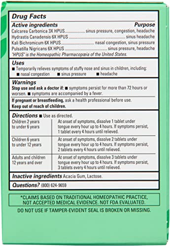 Hyland's 4 Kids Stuffy Nose & Sinus Cold and Allergy Medicine for Children Ages 2+ Headache Relief and Nasal Decongestant, 50 Tablets