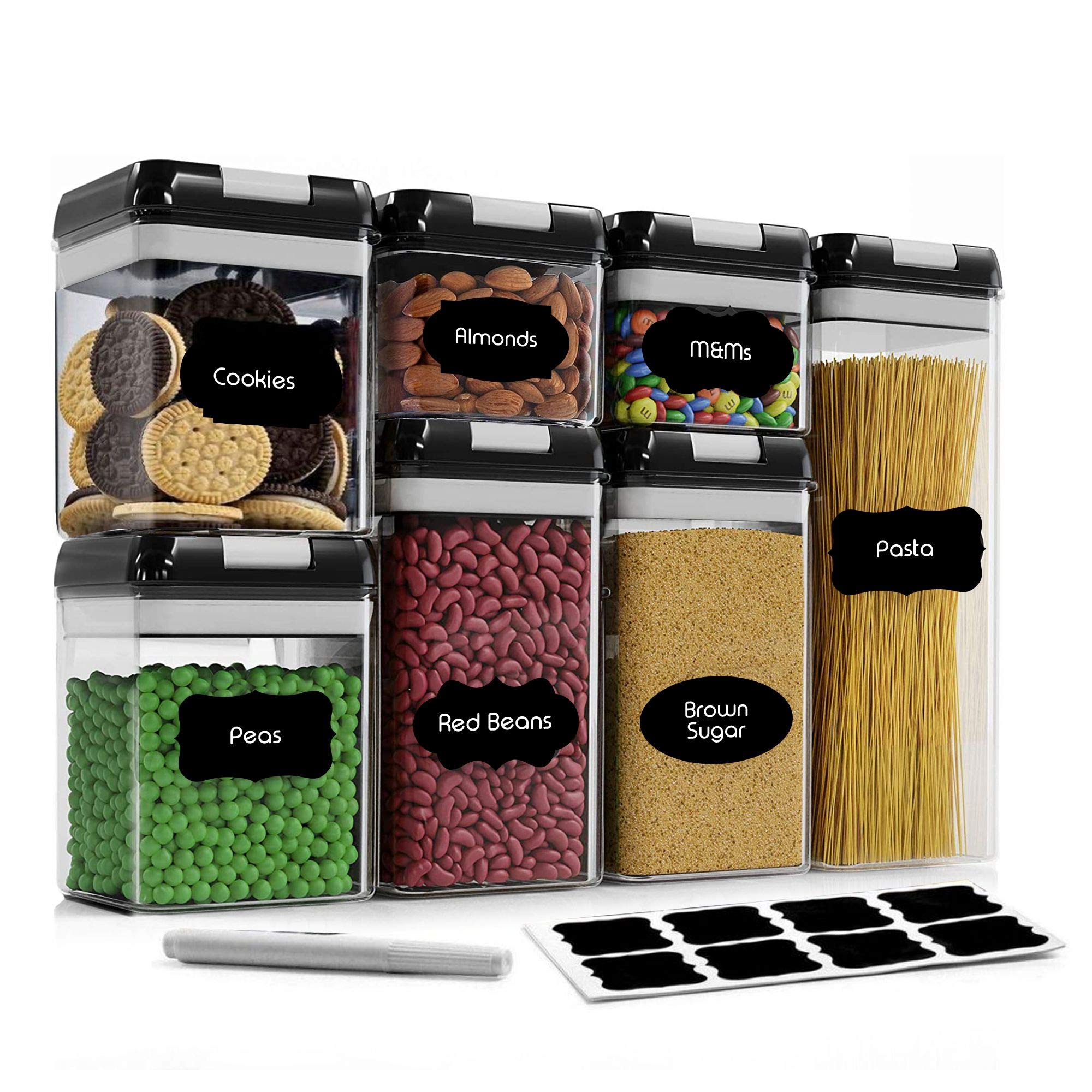 Airtight Food Storage Container Set-CINEYO-7 Piece Set Clear Plastic Canisters For Cereal, Flour with Easy Lock Lids, for Kitchen Pantry Organization and Storage, Include Labels and Marker (Black)