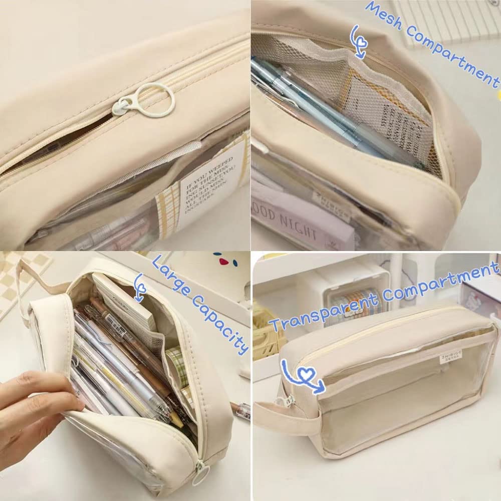 Clear Pencil Pouch Aesthetic School Supplies Large Cute Pencil Case for Girls Preppy Pencil Case Aesthetic (Beige,with Clip & Sticky Note)
