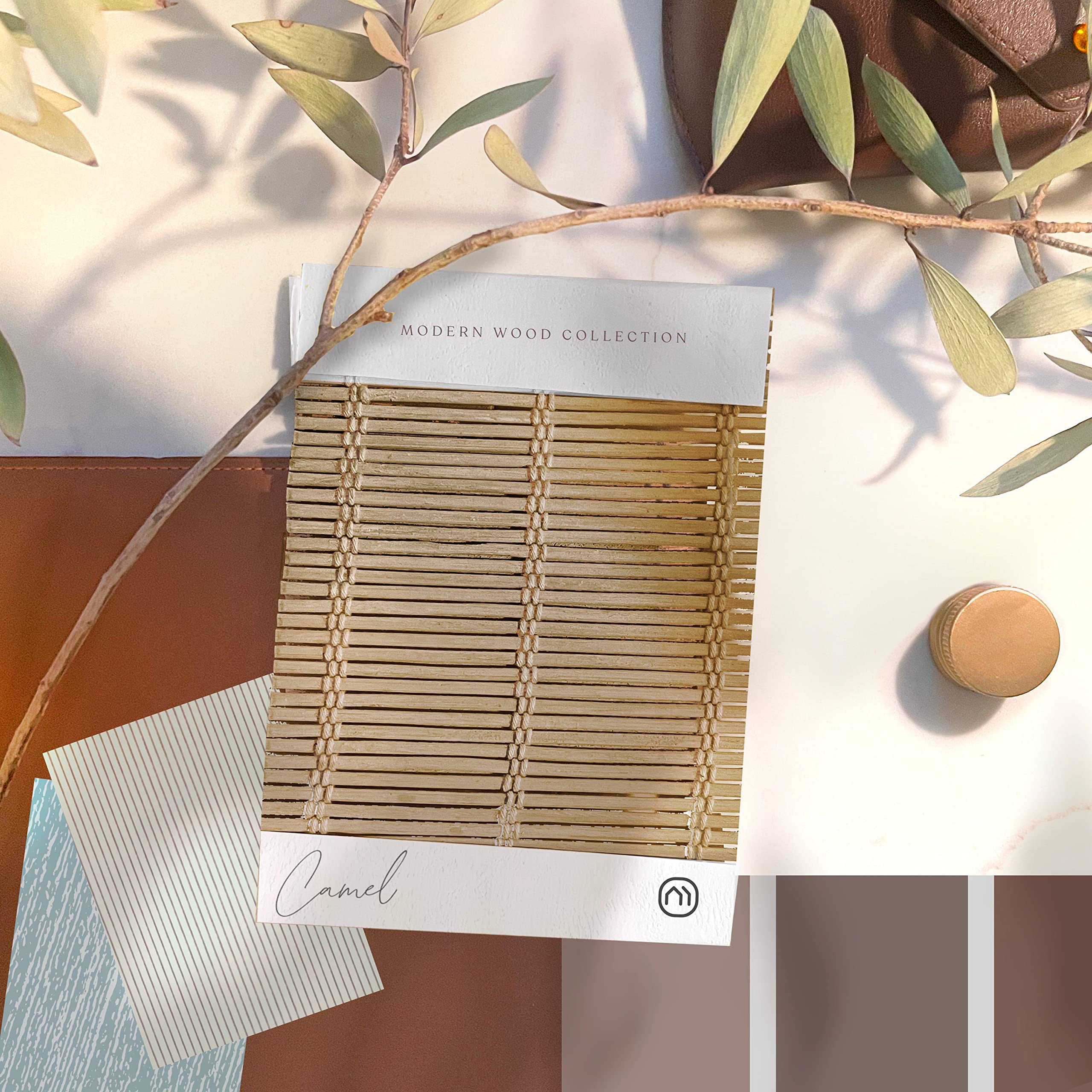 MOOD Custom Bamboo Shades | Modern | Cordless Bamboo Roman Shades for Windows and Doors (Natural Woven) | Modern Camel (Sheer) | Custom Size