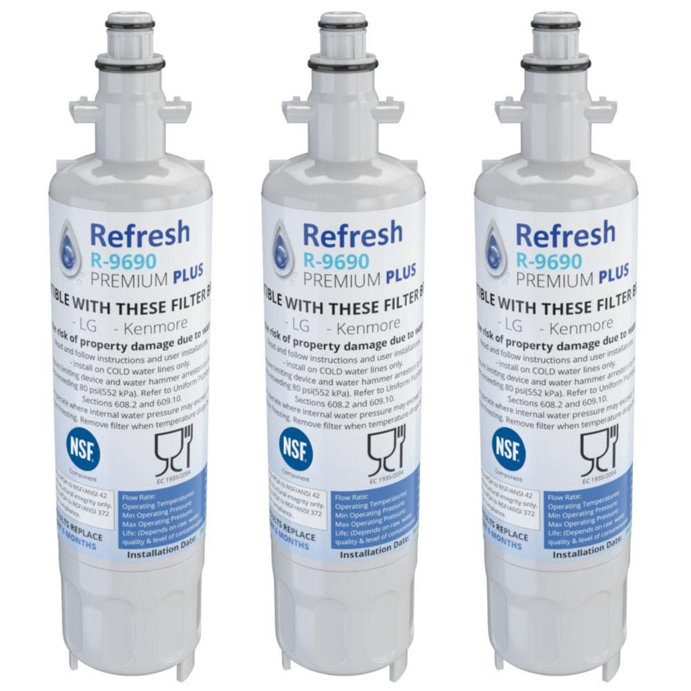 Refresh NSF-53 Premium Replacement Refrigerator Water Filter Compatible with Kenmore 46-9690, ADQ36006102 and LG LT700P, ADQ36006101 - Model R-9690Plus / R-9690Plus-S (3 Pack)