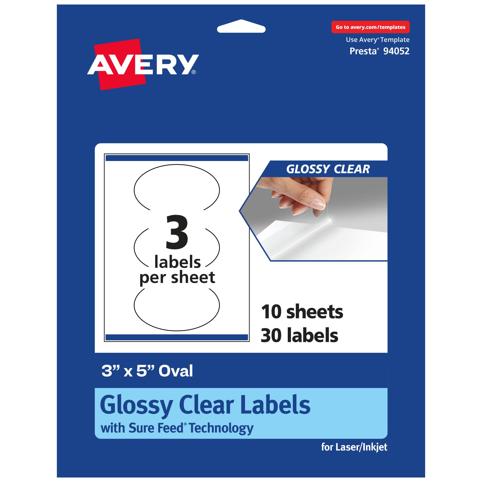 AVERY Glossy Clear Oval Labels, 3" x 5", 30 Labels, Print-to-The-Edge, Laser/Inkjet Printable