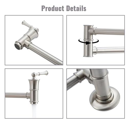 Double Handles Folding Pot Filler Kitchen Faucet with 360 Degrees Swing Arm Single Hole Brass Wall Mount Pot Filler Facuet Dual Joints Brushed Nickel