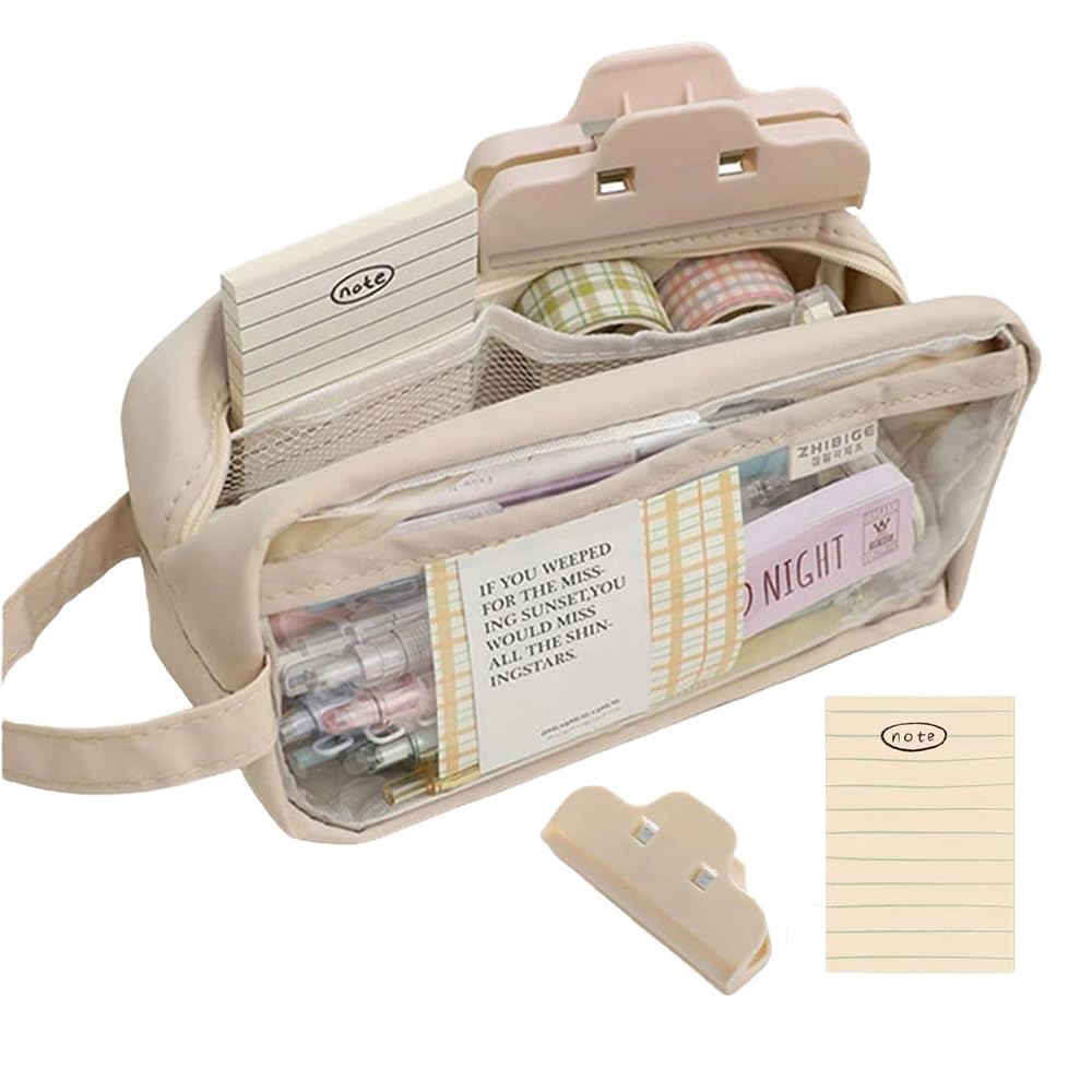 Clear Pencil Pouch Aesthetic School Supplies Large Cute Pencil Case for Girls Preppy Pencil Case Aesthetic (Beige,with Clip & Sticky Note)