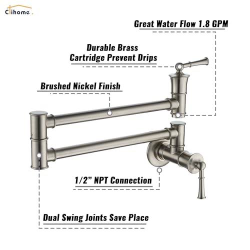 Double Handles Folding Pot Filler Kitchen Faucet with 360 Degrees Swing Arm Single Hole Brass Wall Mount Pot Filler Facuet Dual Joints Brushed Nickel