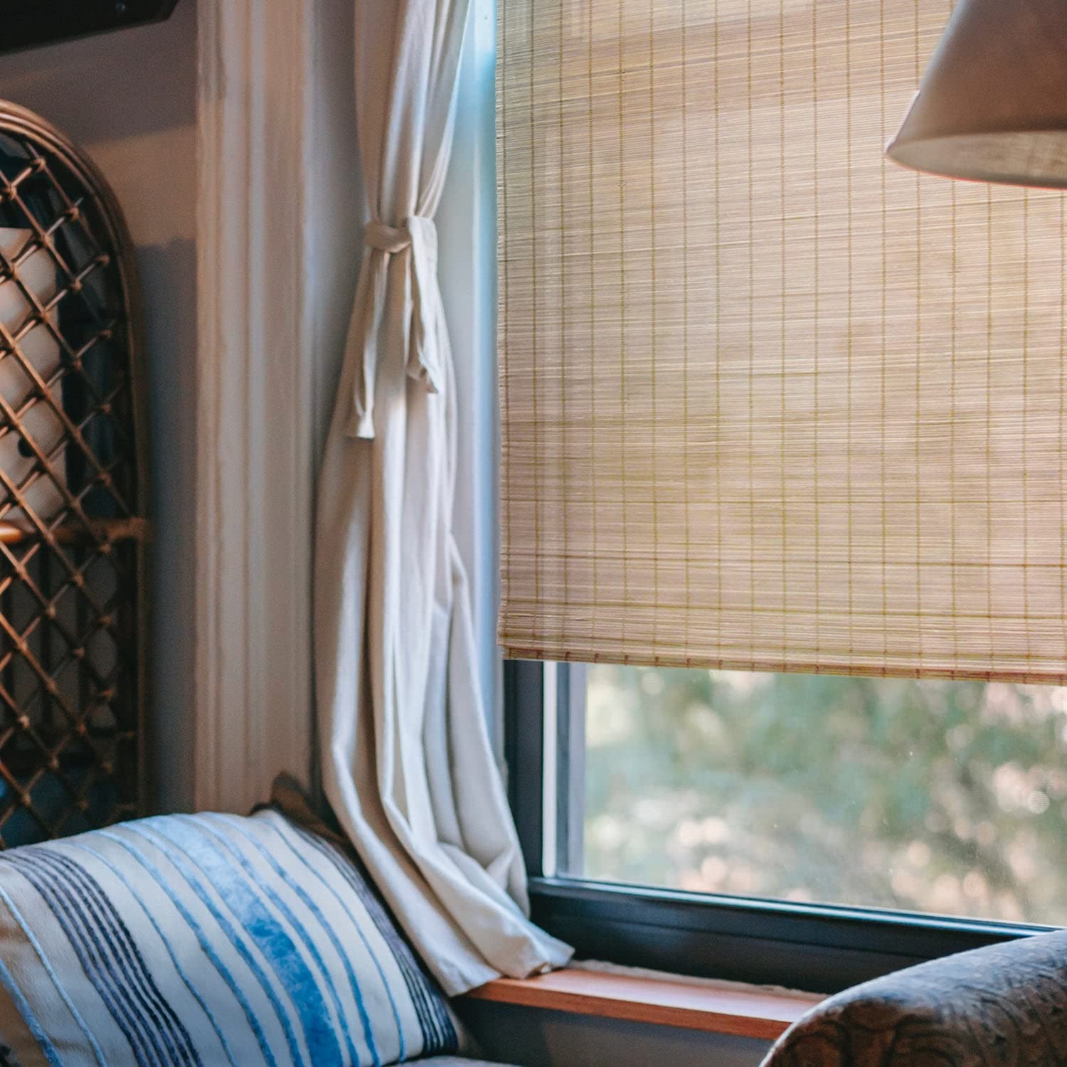 MOOD Custom Bamboo Shades | Modern | Cordless Bamboo Roman Shades for Windows and Doors (Natural Woven) | Modern Camel (Sheer) | Custom Size